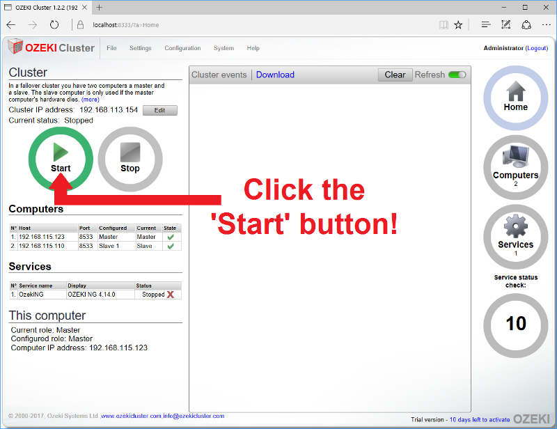 Configuration of the Cluster software